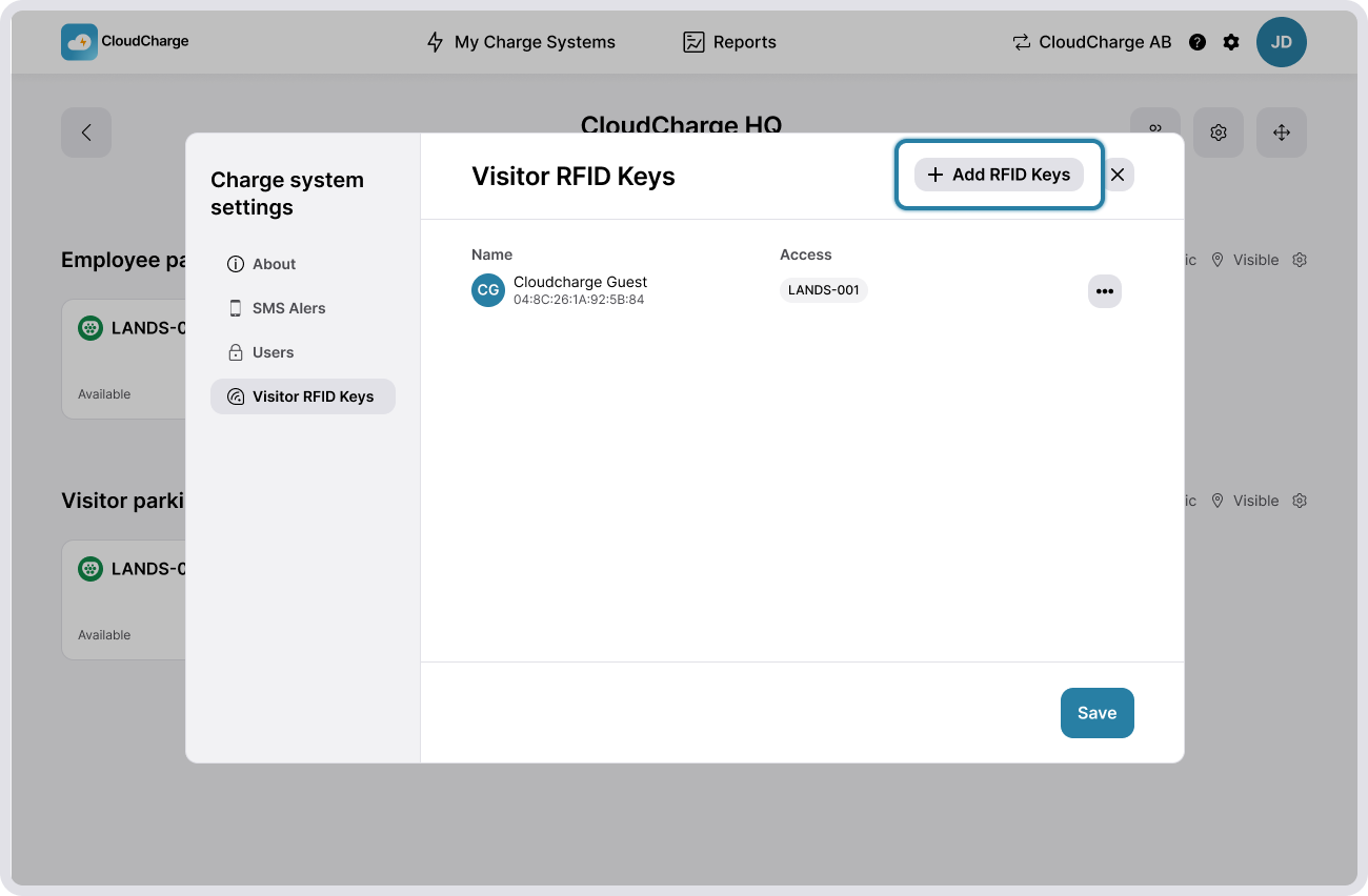 Manage Visitor RFID Keys - CloudCharge